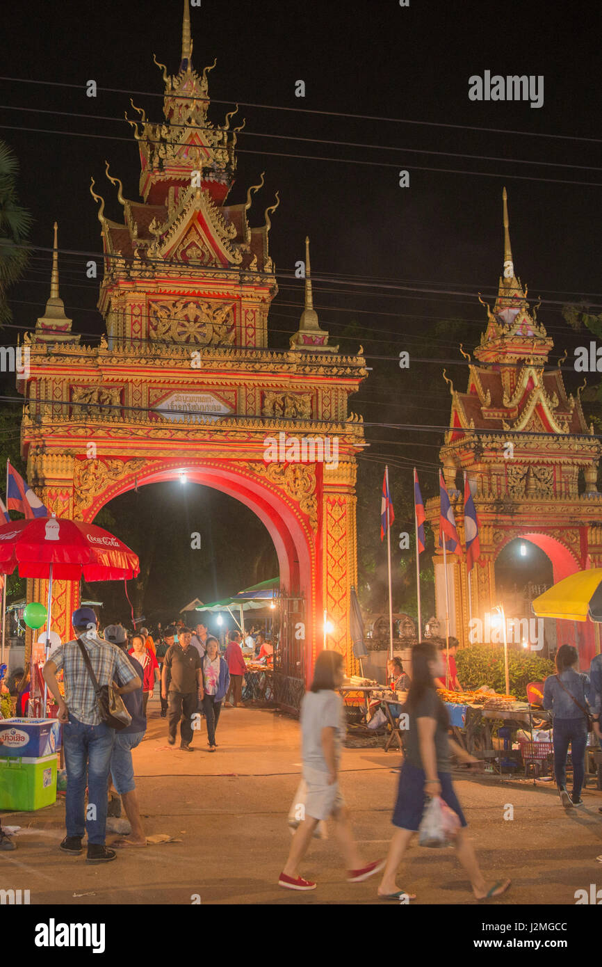 shops on a Temple Gate at the market at the Pha That Luang Festival in ...