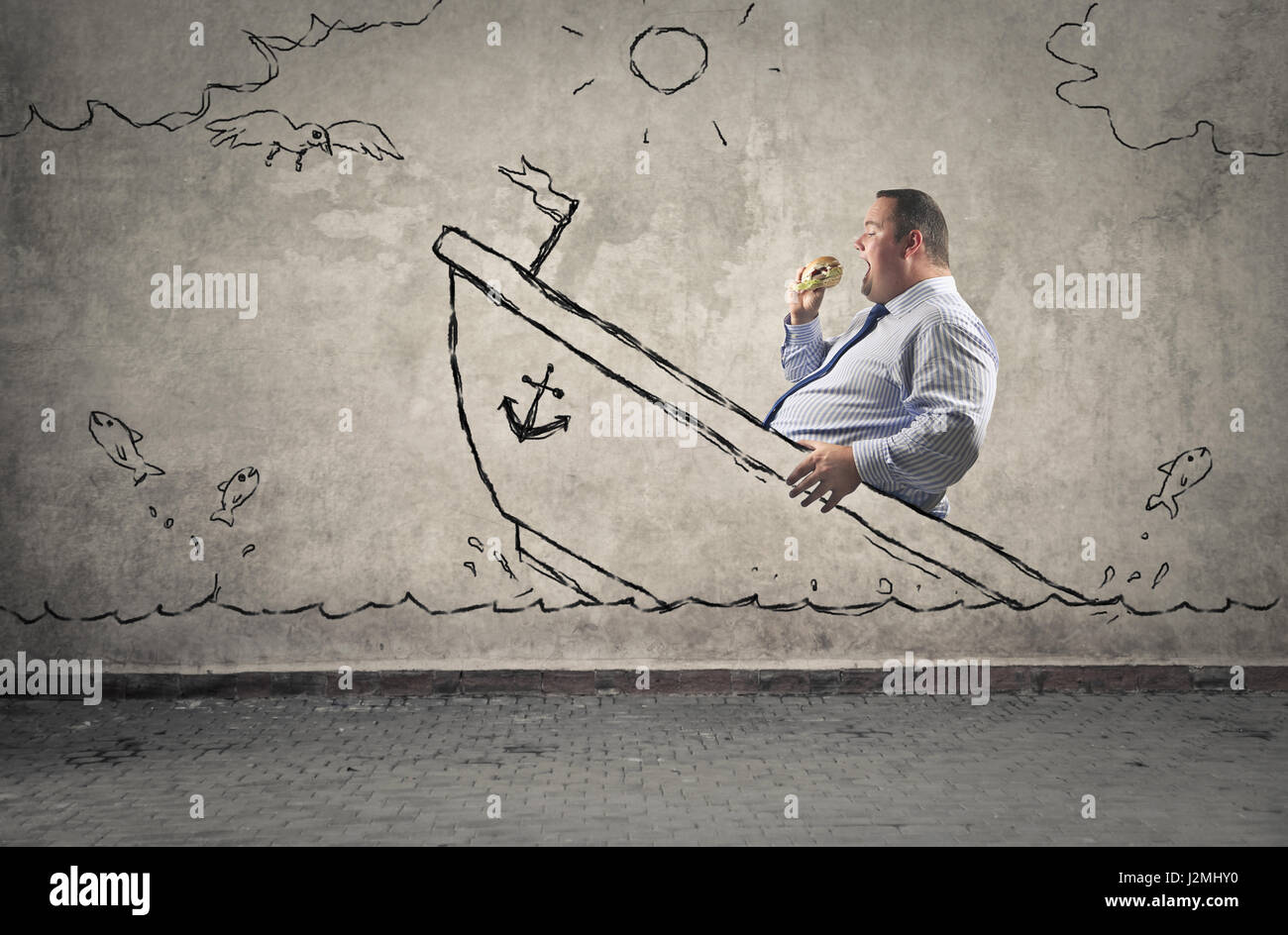 Obese man in drawn sinking boat Stock Photo - Alamy