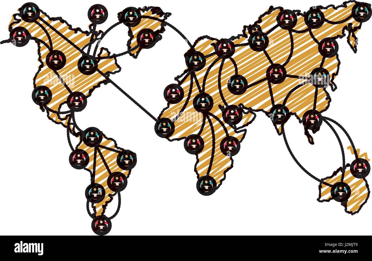 color pencil drawing silhouette of global social network connection ...