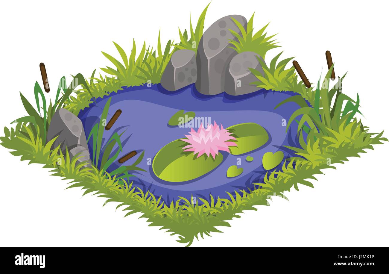Isometric Cartoon Water Pond with Wild Reeds and Lilies - Elements for ...