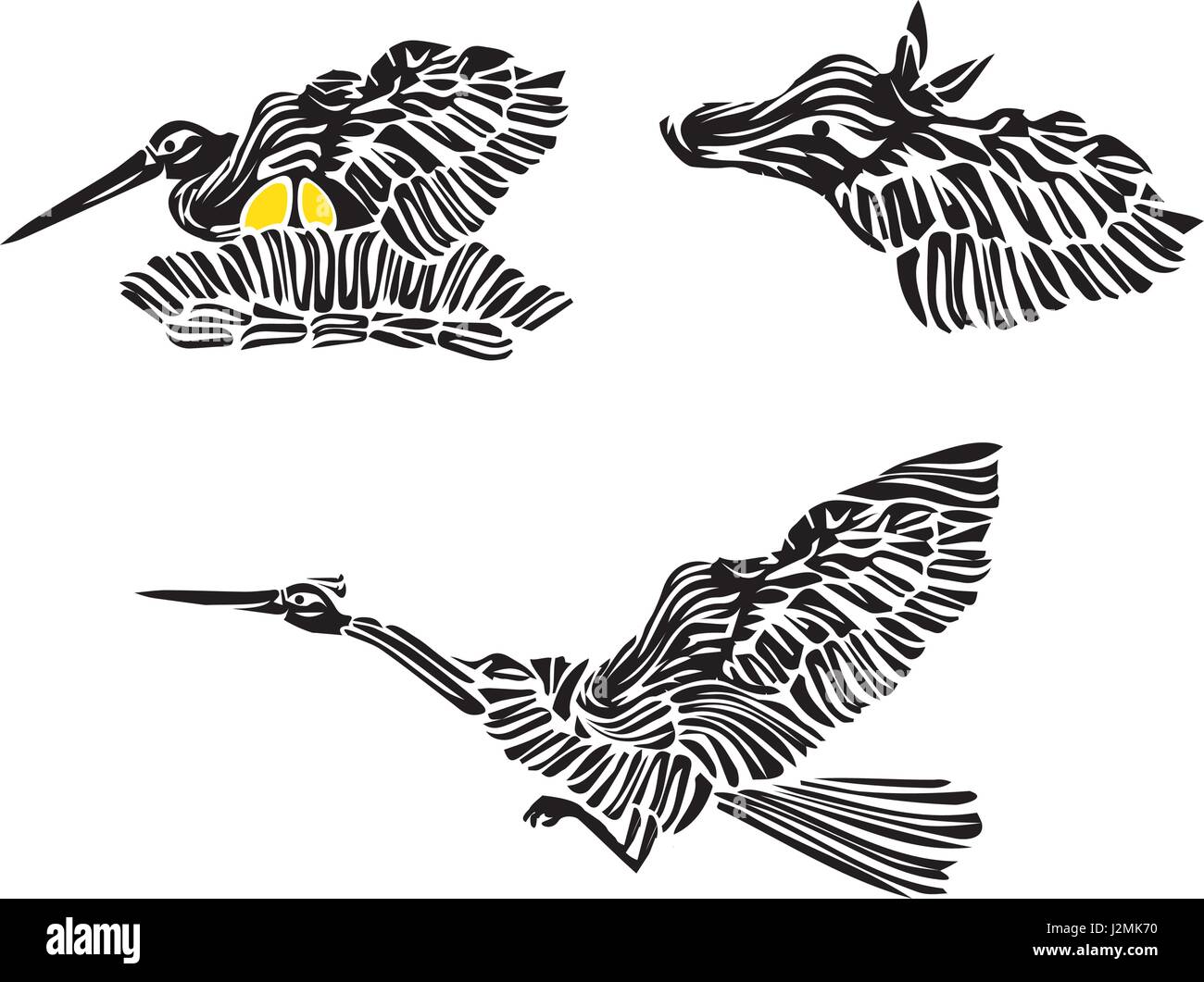 Stylized Nesting Stork Silhouette With Eggs, Flying Bird and Horse ...