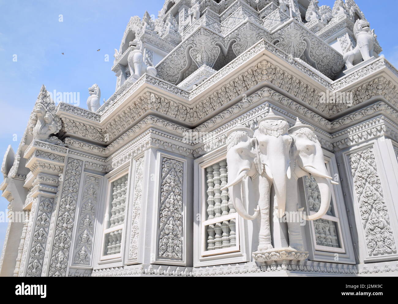 Heavenly white Buddhist stupa temple elephant intricate decoration ...