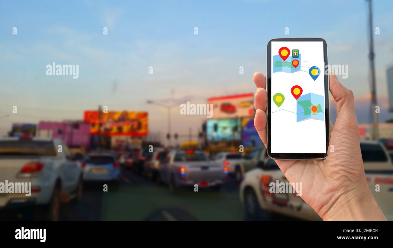 map on smart phone icon,Hand holding mobile smart phone with interface ...