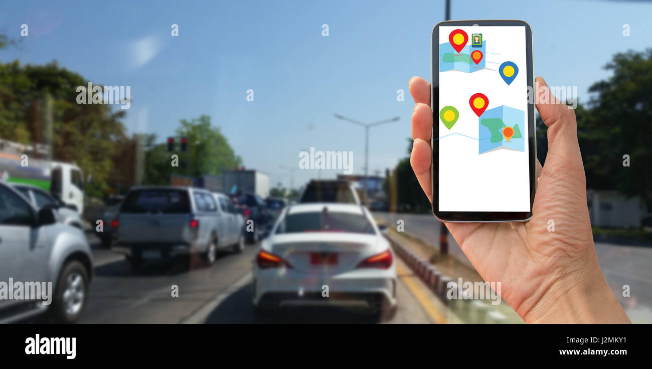 map on smart phone icon,Hand holding mobile smart phone with interface ...