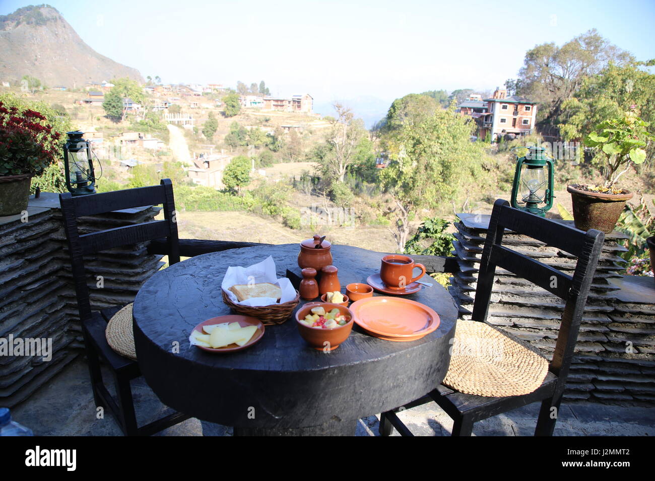 breakfast table, ready in the morning at a hostel in Bandipur in the ...