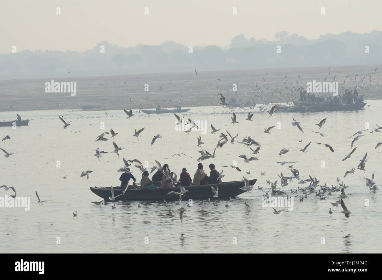 Pilgrims and tourists in boat on River Ganges at dawn in the city of ...