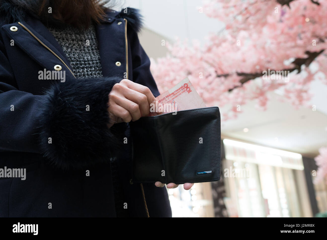 Hand holding last banknote in wallet. The woman show her last banknote ...