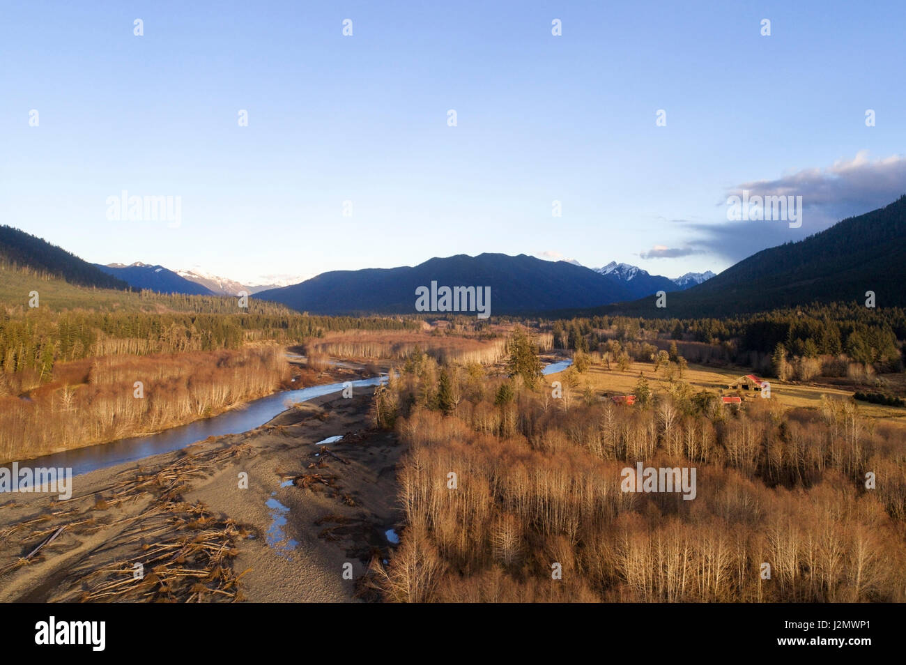 Aerial Drone image of the Hoh River outside of Olympic National Park ...