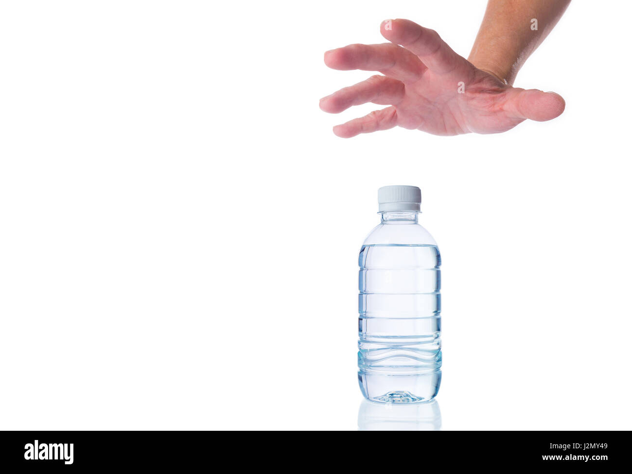 Male hand reaching out for bottle of water on white background with ...