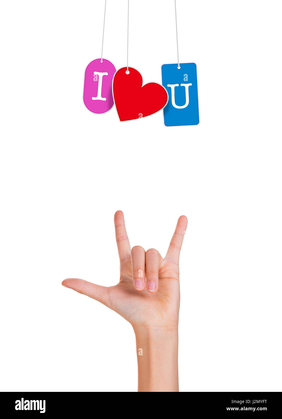 Hand with fingers forming love sign with I love you hanging tags ...