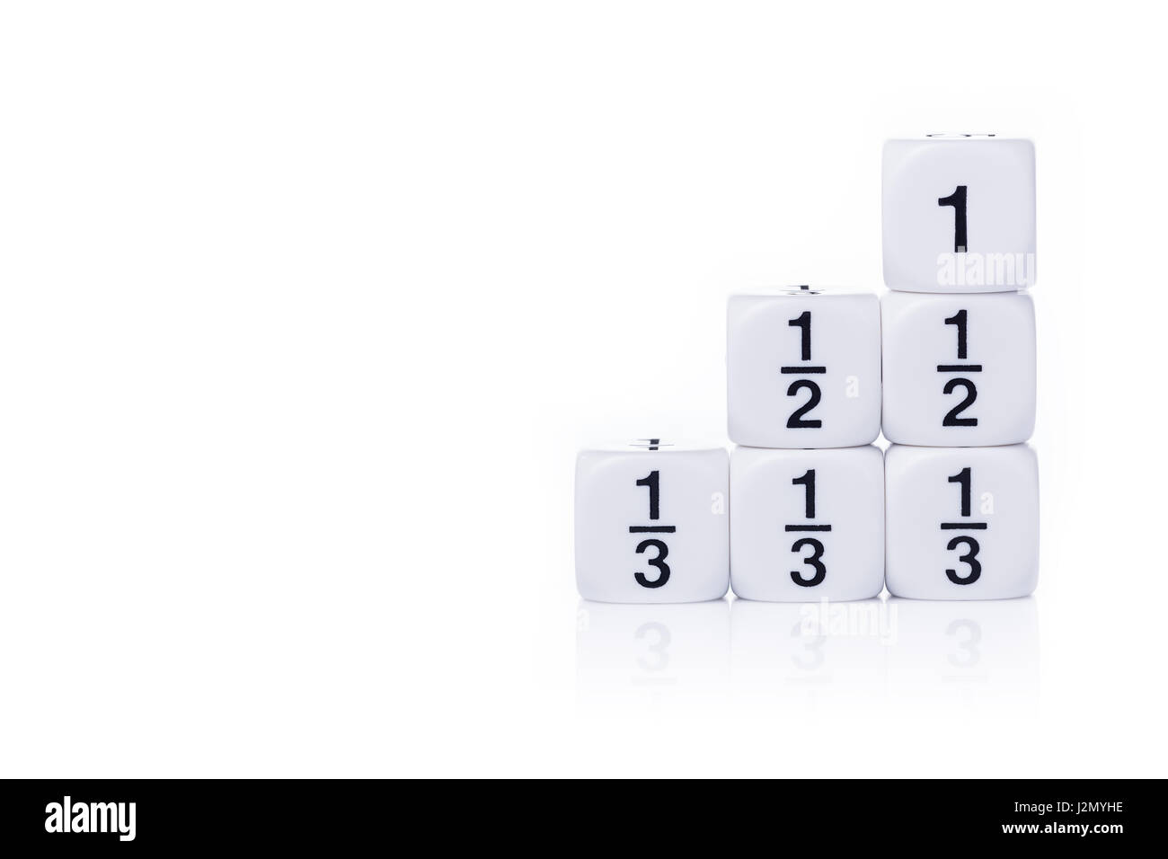 White fraction dices, whole, half, third, on white background with ...