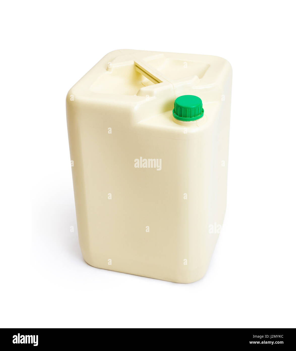 Plastic chemical gallon size container with green cap, isolated on ...