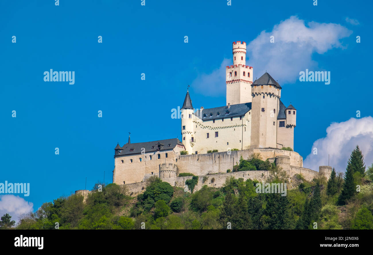 Marksburg castle above the town of Braubach in Rhineland-Palatinate ...