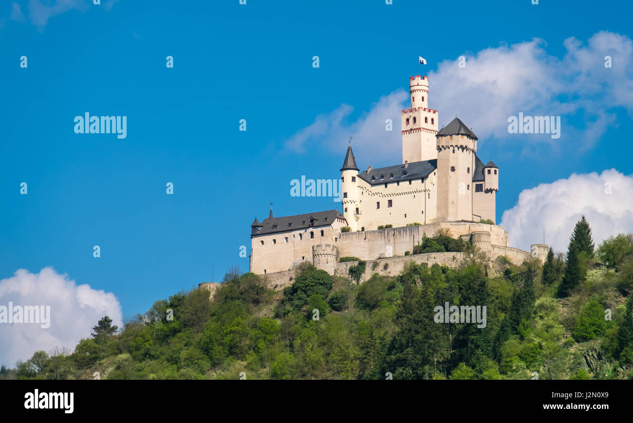 Marksburg castle above the town of Braubach in Rhineland-Palatinate ...