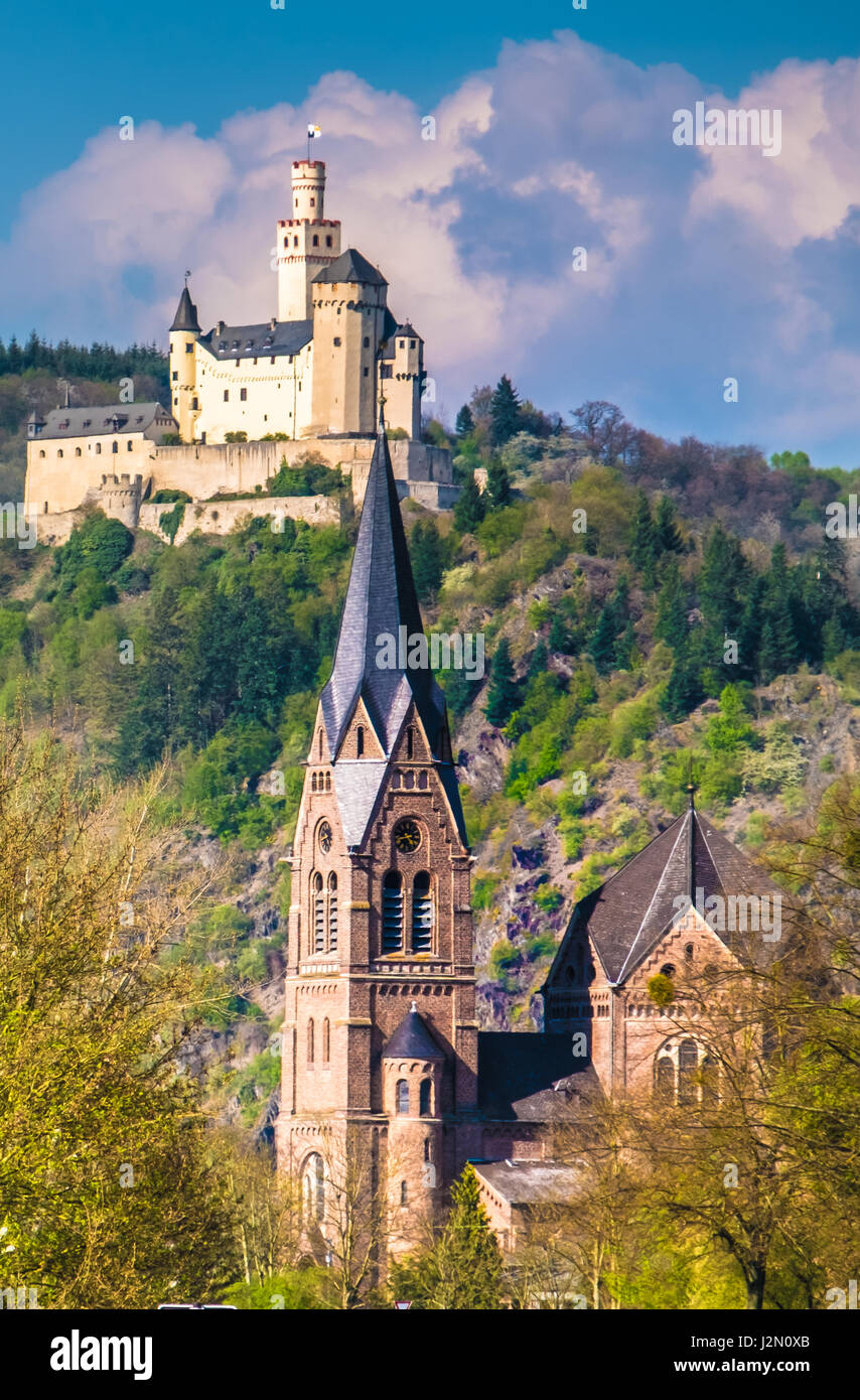 Marksburg castle above the town of Braubach in Rhineland-Palatinate ...