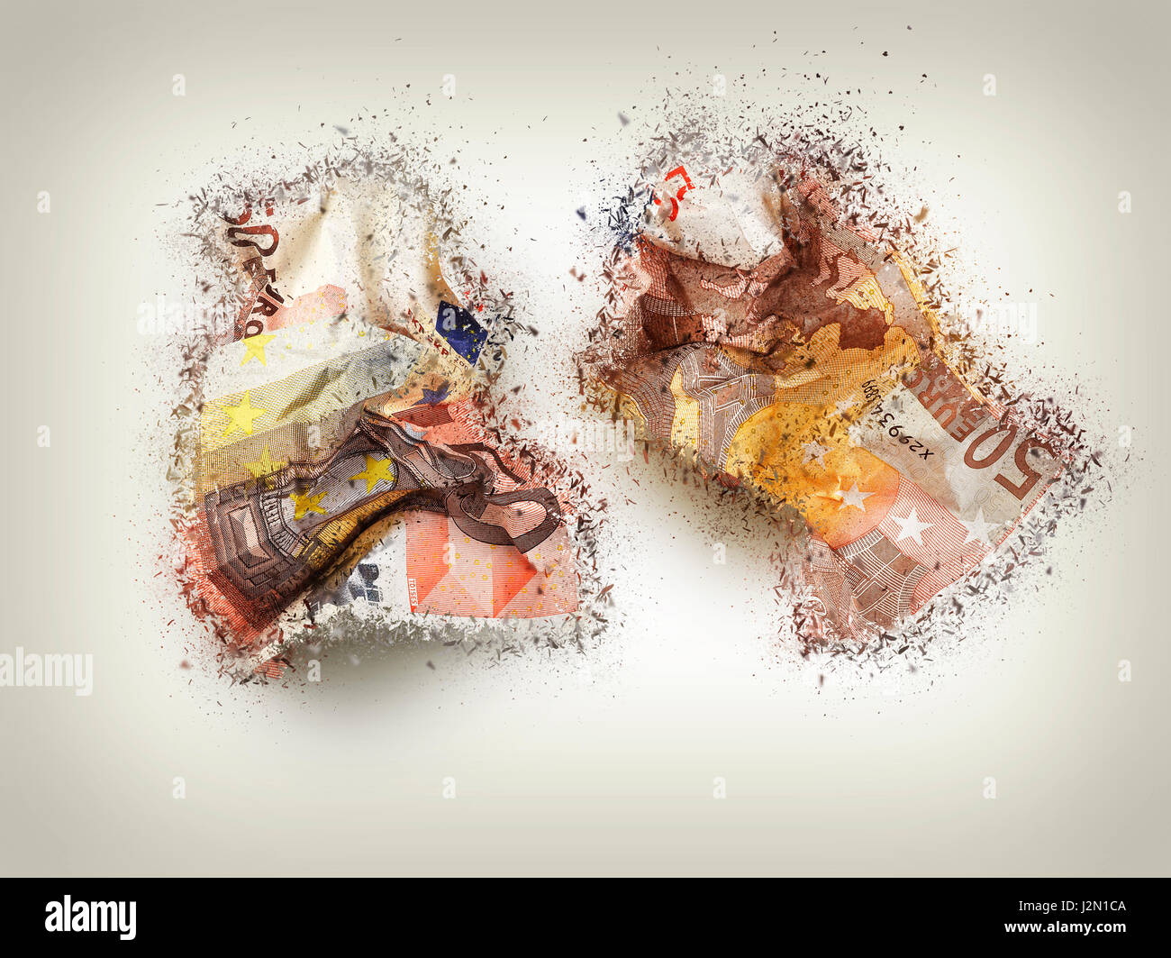crumpled fifty euros bill shattered, concept for no cash or Europe ...