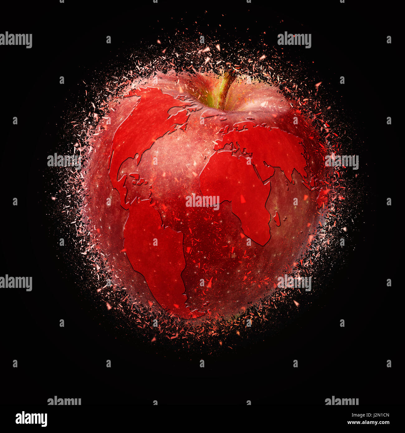Red apple with world map shattering Stock Photo - Alamy