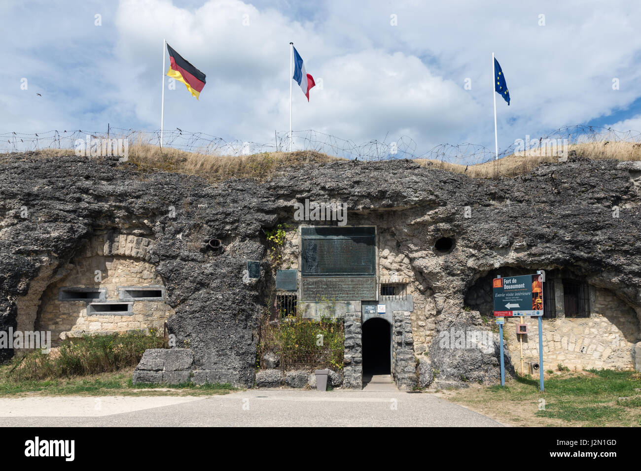 VERDUN, FRANCE - AUGUST 19, 2016: Visitor entrance fort Douaumont ...