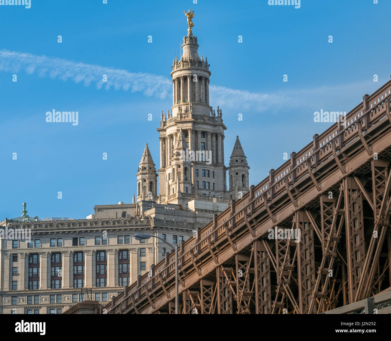 View of New York City's City Hall from the base of the Brooklyn Bridge ...