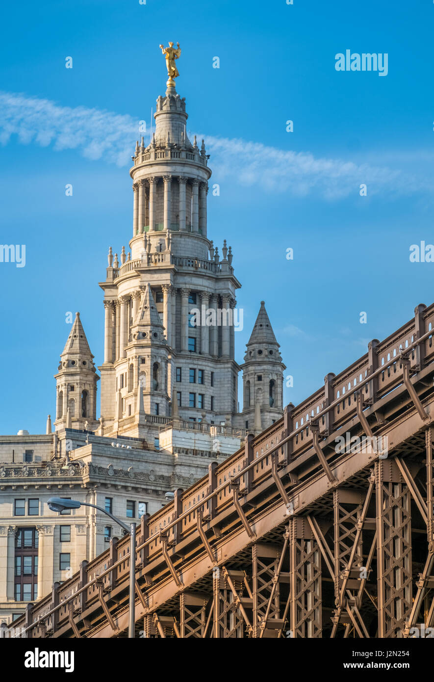View of New York City's City Hall from the base of the Brooklyn Bridge ...