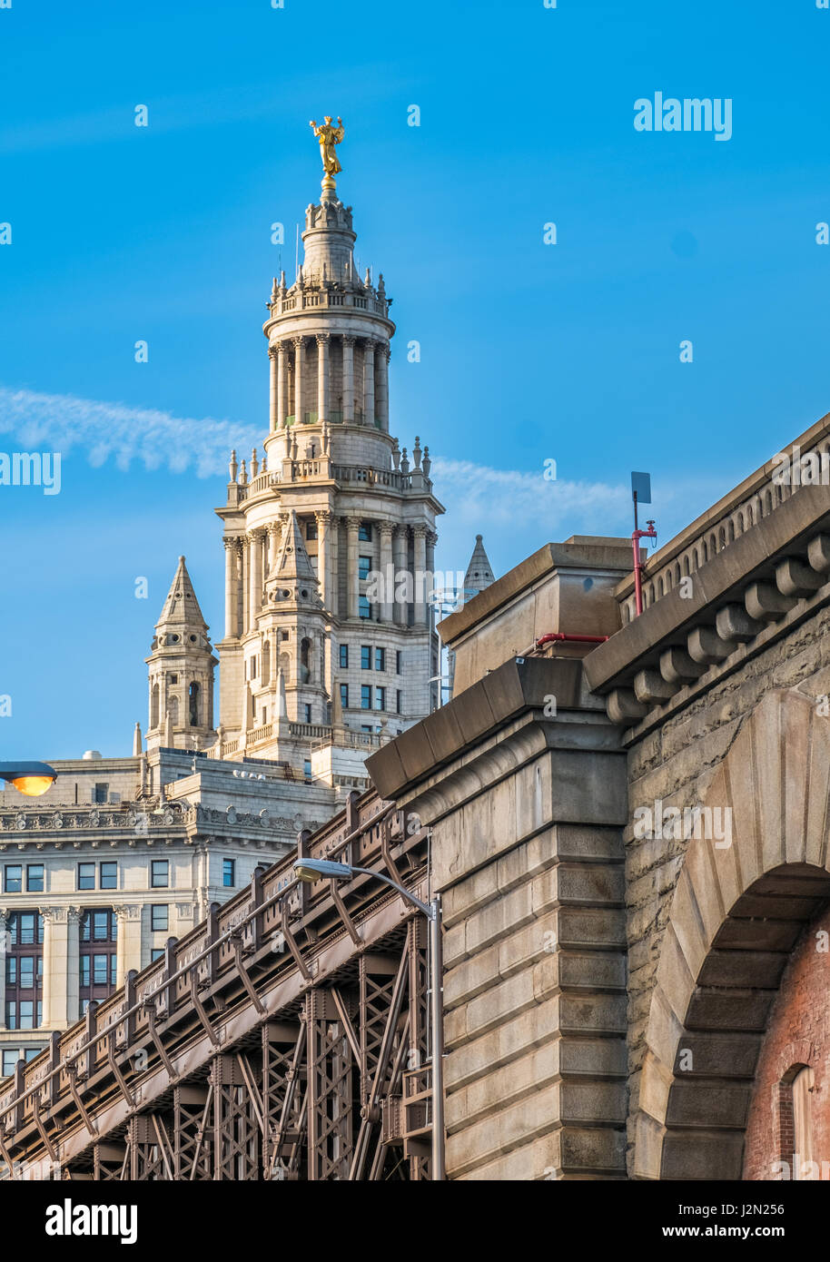 View of New York City's City Hall from the base of the Brooklyn Bridge ...