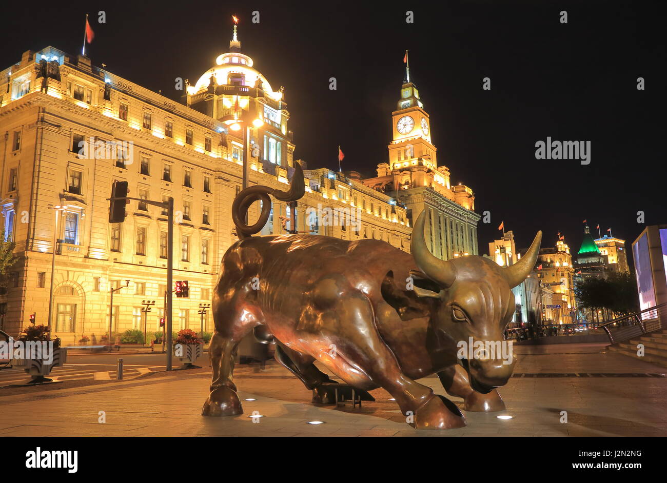 Shanghai Bund cityscape with iconic bull statue in Shanghai China Stock ...
