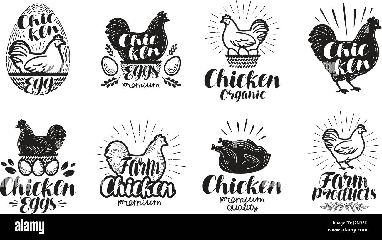 Chicken, poultry farm label set. Food, meat, egg icons or logos ...