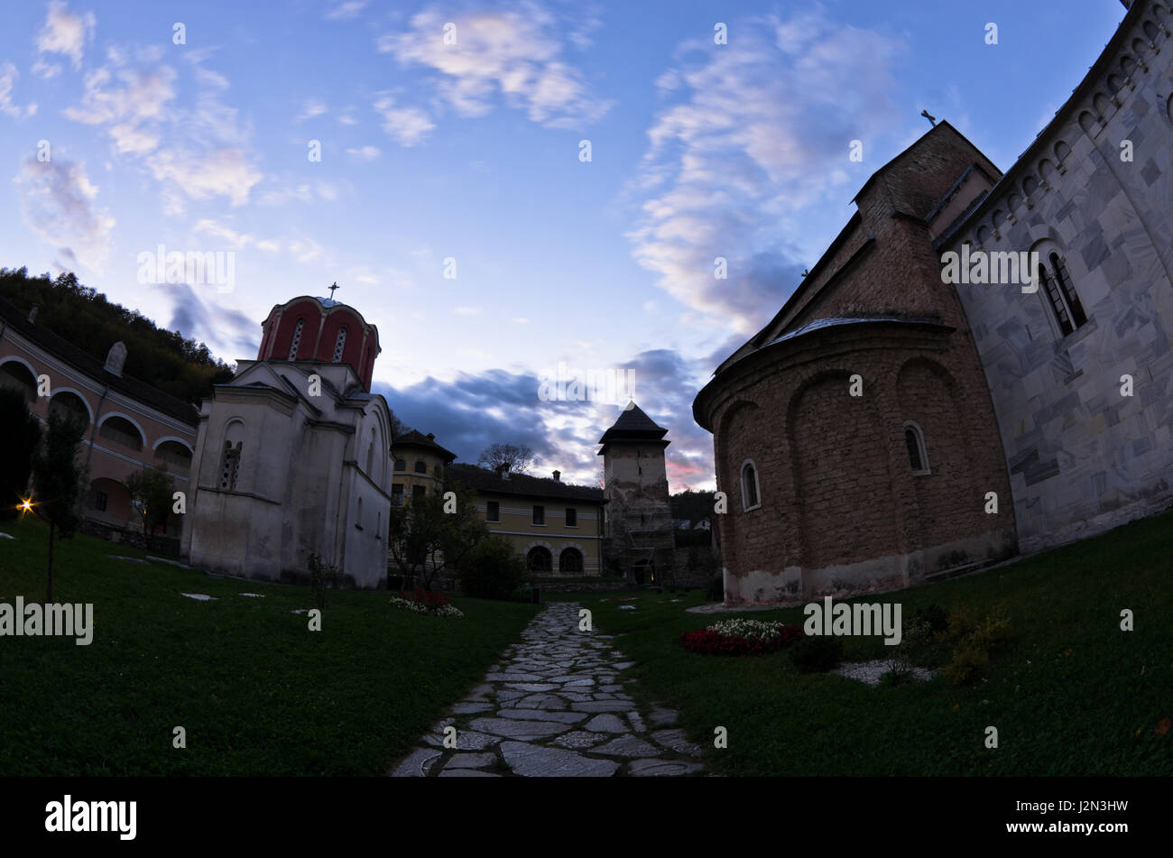 Studenica monastery yard during evening prayer, UNESCO world heritage ...
