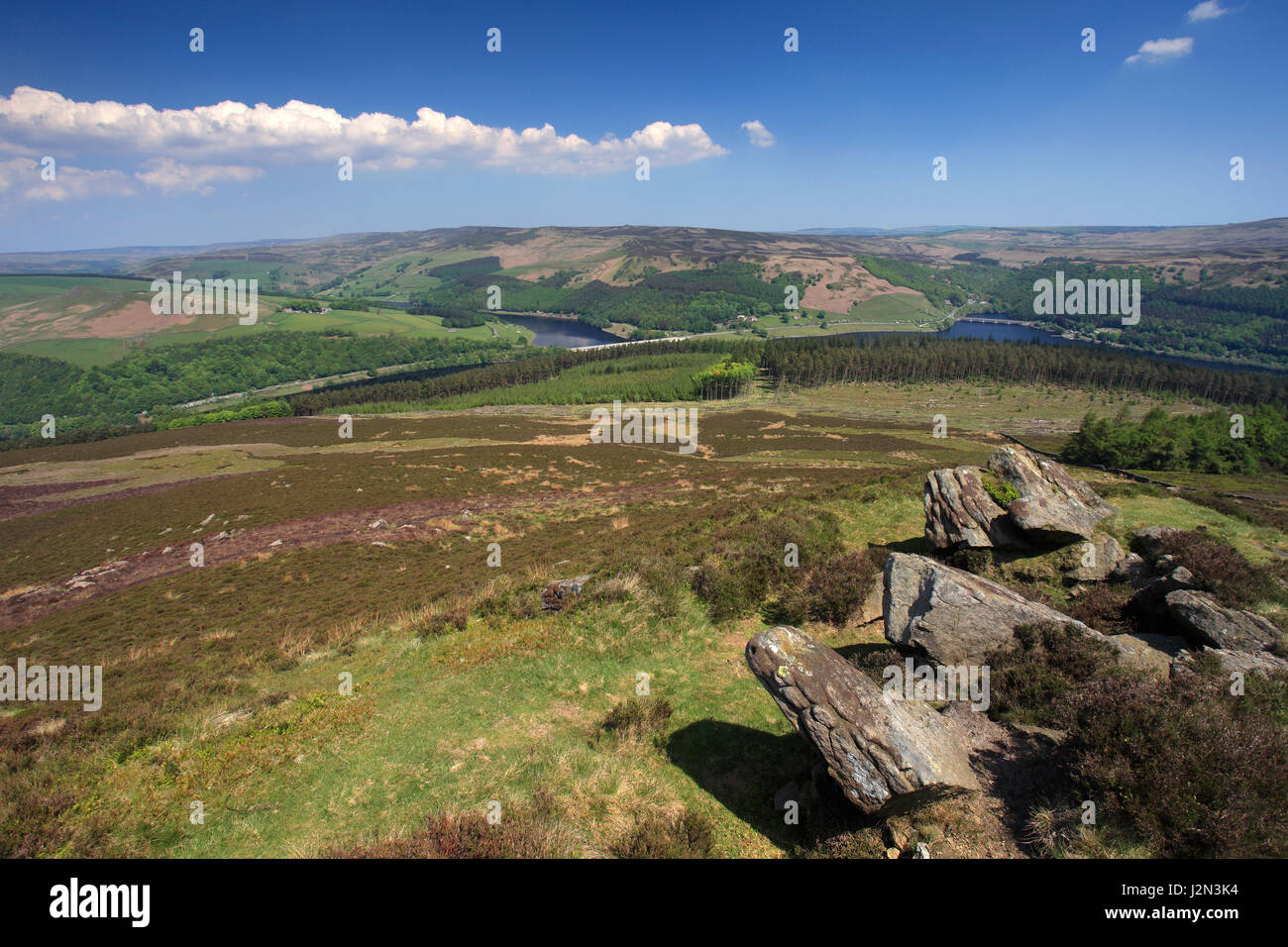 Summer view from Win Hill over Ladybower reservoir, Derwent Valley ...