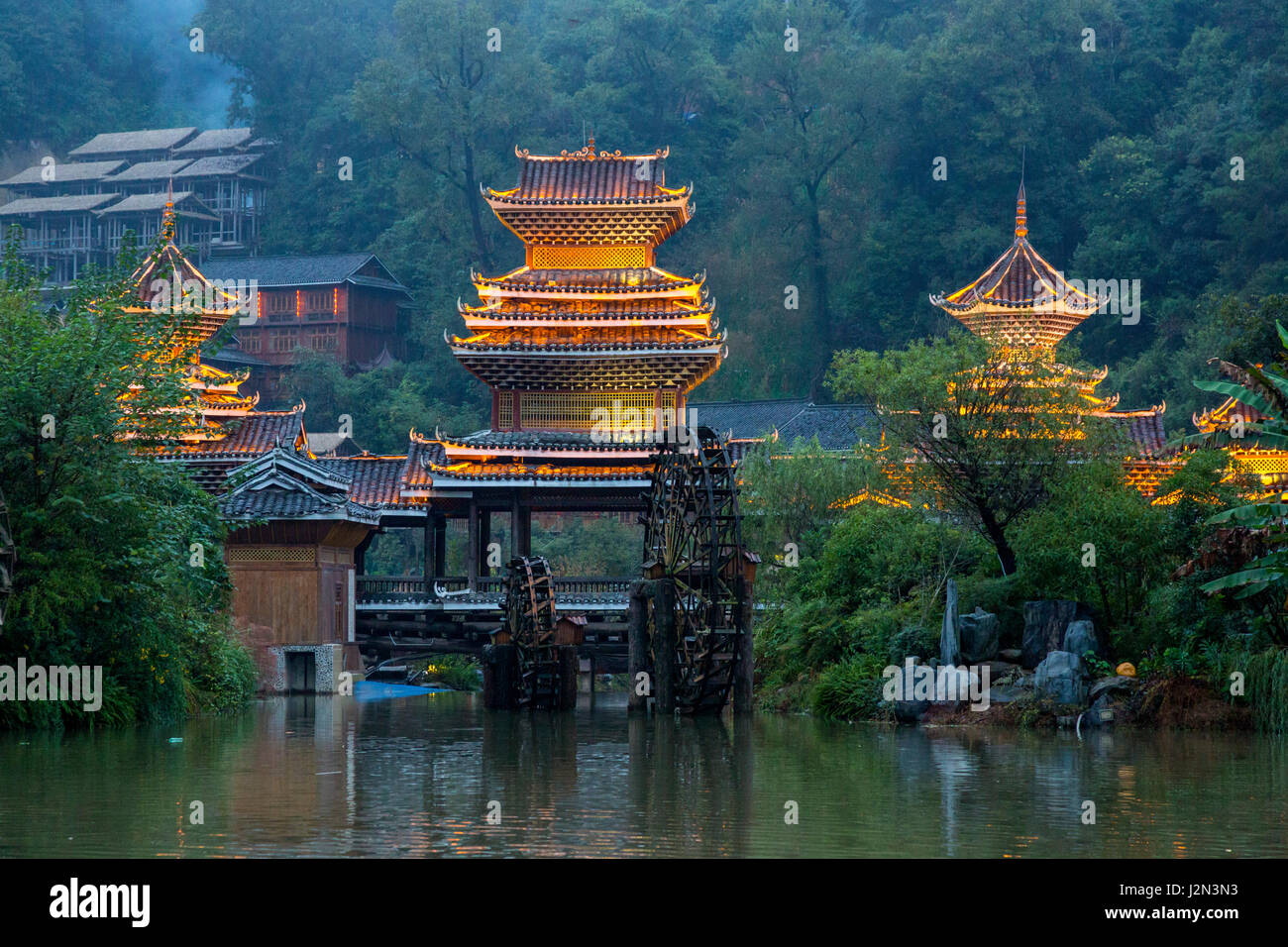Zhaoxing, Guizhou, China, a Dong Minority Village. In early evening ...