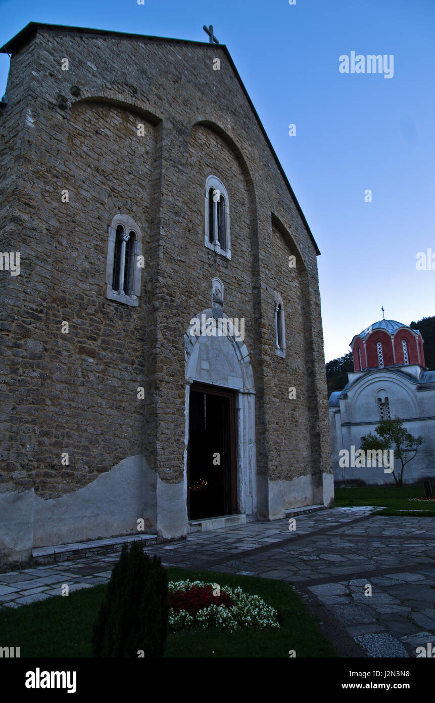 Church inside 12.century Studenica monastery before evening prayer ...
