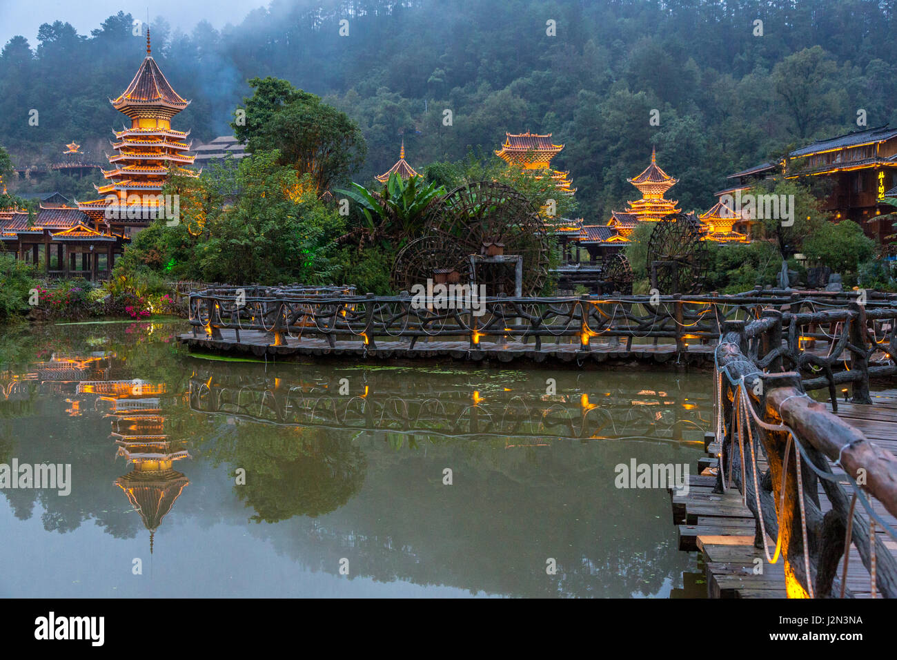 Zhaoxing, Guizhou, China, a Dong Minority Village. In early evening ...