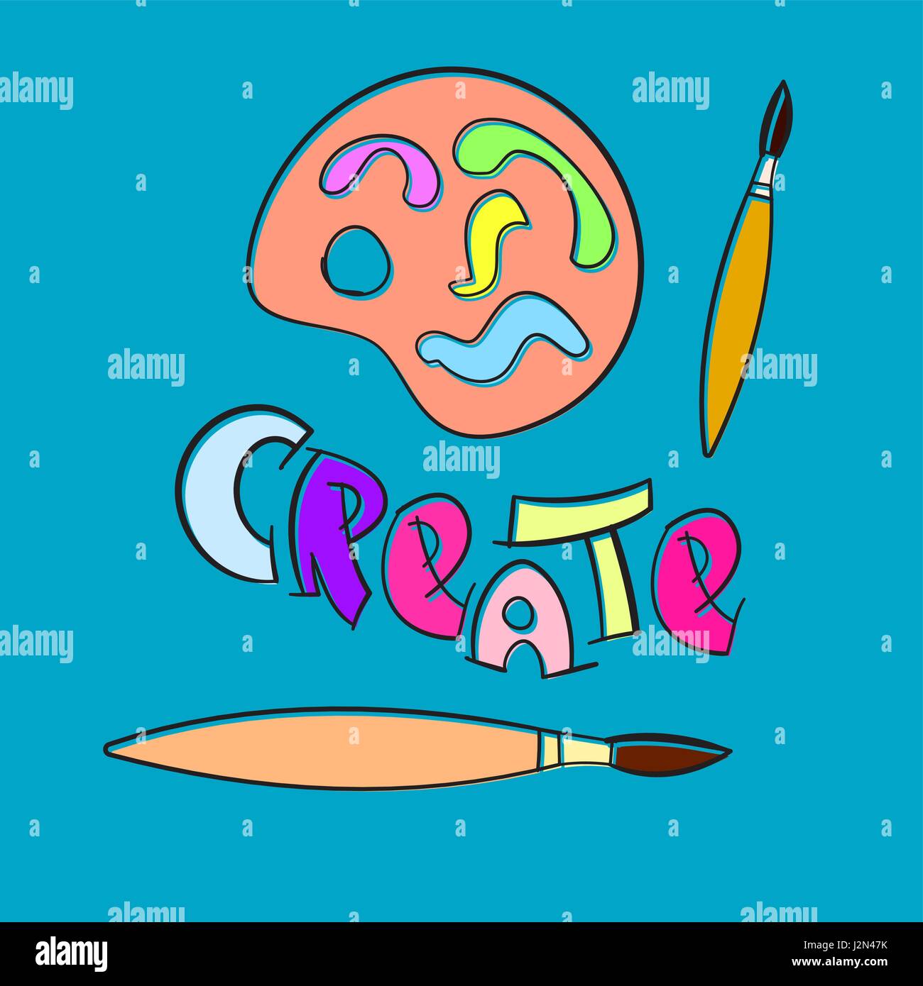 Text CREATE with artist paint brush and palette creative handlettering ...