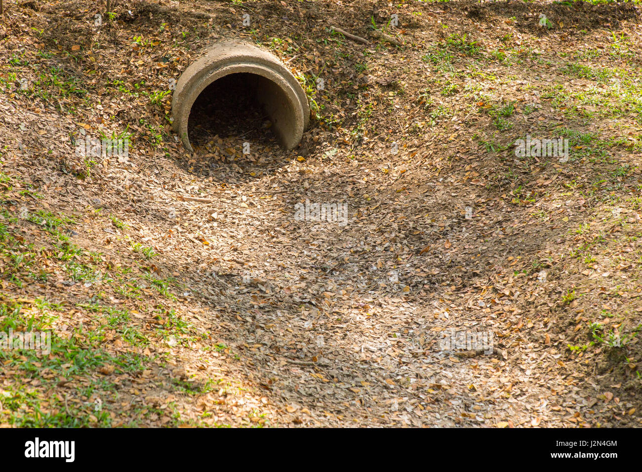 dry drainage pipe with fallen leaves, showing danger sign of drought ...