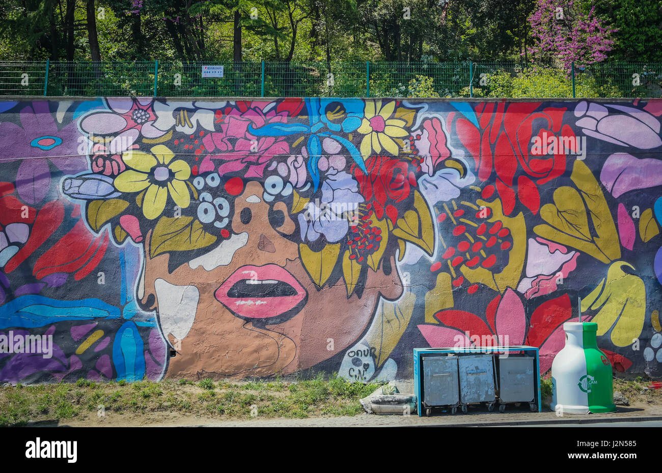 Beautiful graffiti wall alongside the road, with a colourful drawing of ...