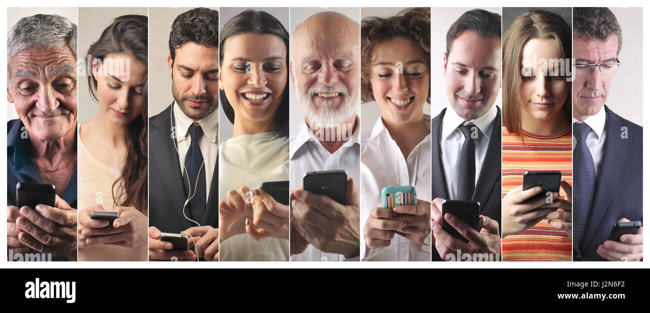 Collage of 9 people looking at their phone's Stock Photo - Alamy