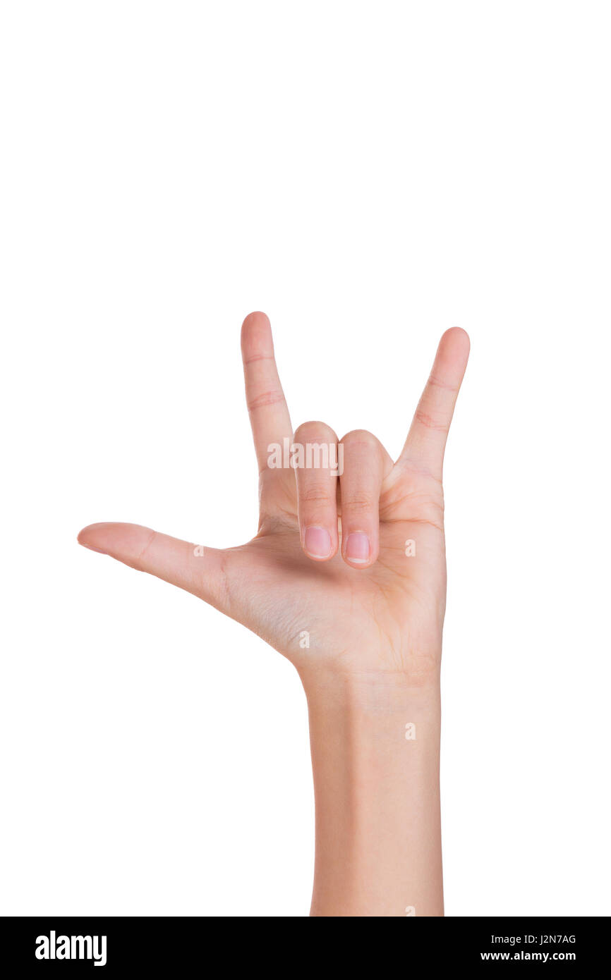 Hand with fingers forming love sign, isolated white background with ...