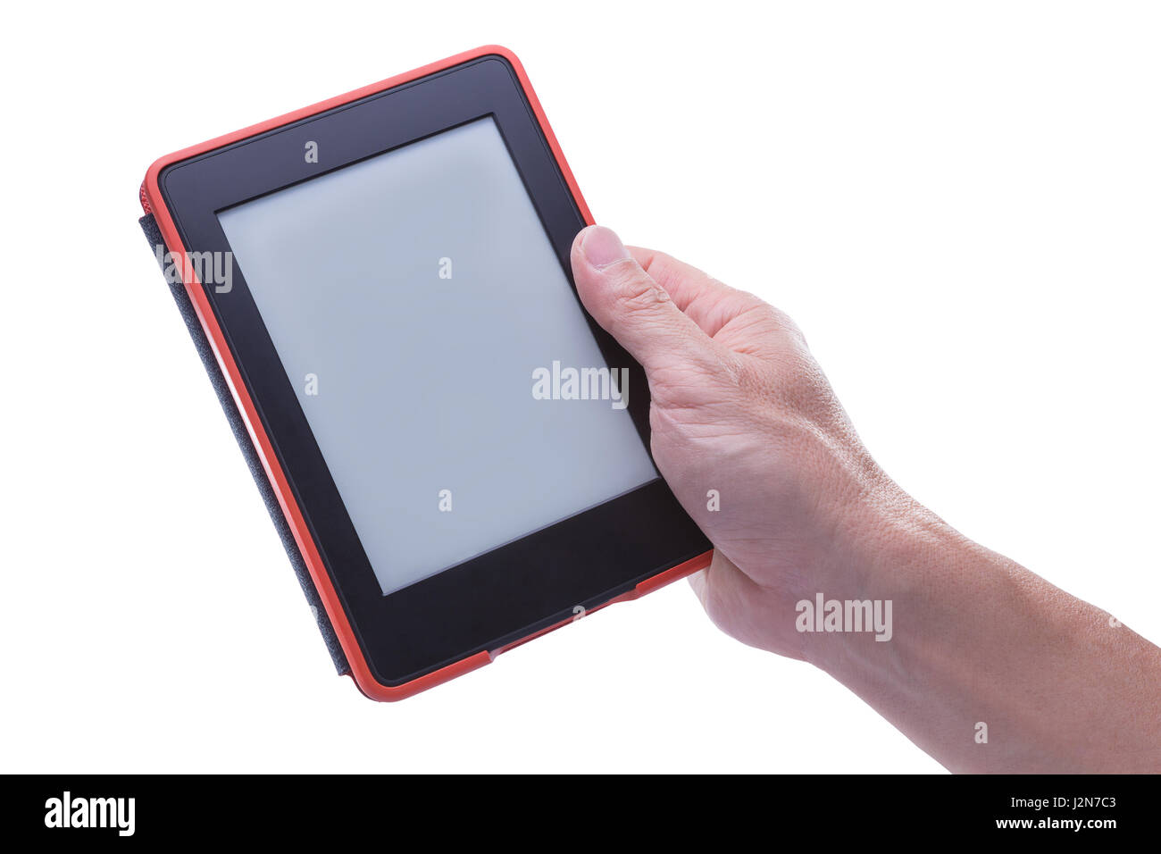 Male hand holding ebook reader in red case against isolated white ...