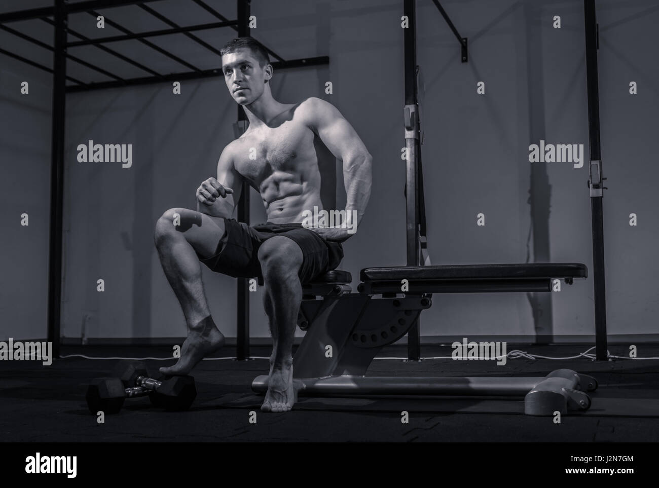 one young man, low angle view, bodybuilder muscular sitting posing ...