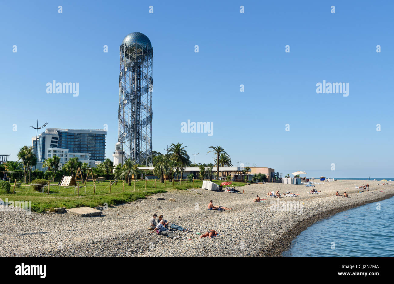 Batumi, Georgia - October 04, 2016: View on Long Black Sea pebble beach ...