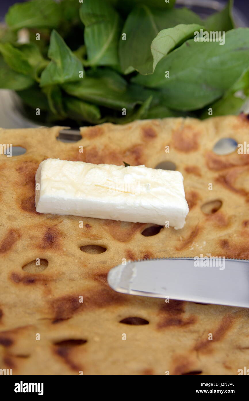 Iranian breakfast at the office with Sangak bread and cheese Stock ...