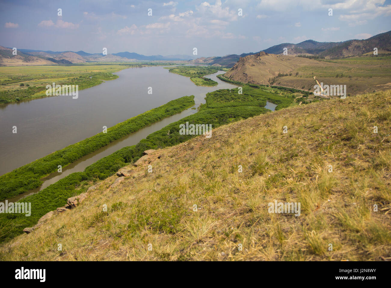 landscape with mountains, forest and a river in Siberia Stock Photo - Alamy