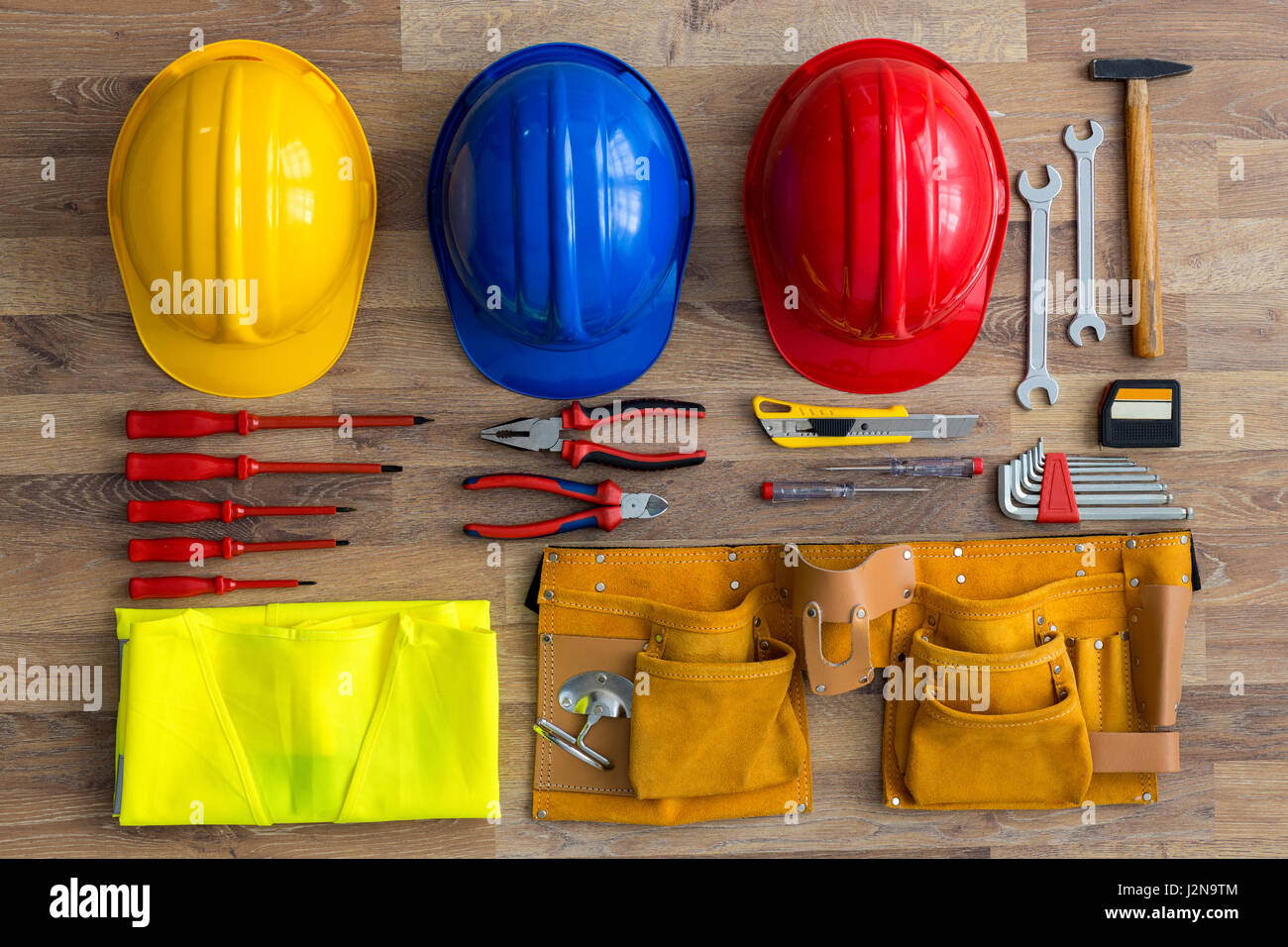 top view work tools on wood background Stock Photo - Alamy