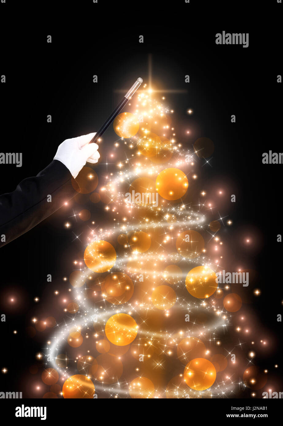 Magic wand and glittering Christmas tree, Christmas background Stock ...