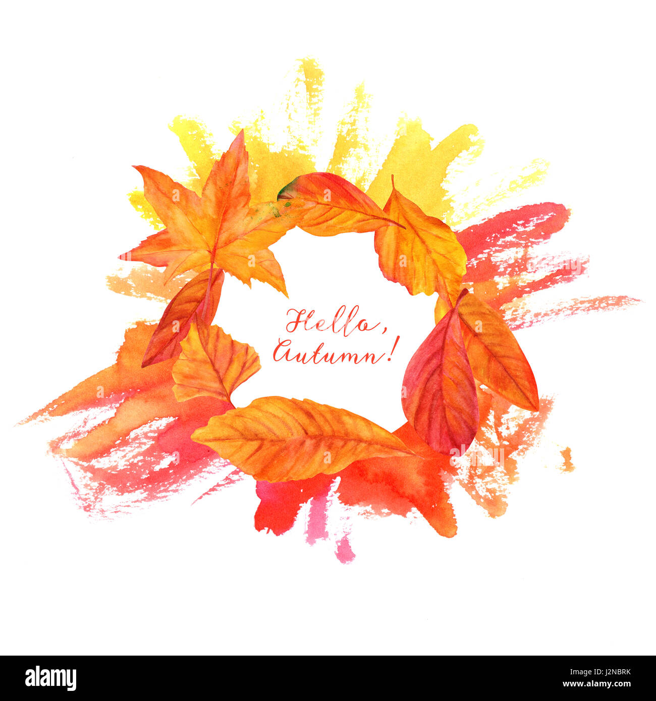 Hello, Autumn design with vibrant fall leaves, yellow and orange, on a ...