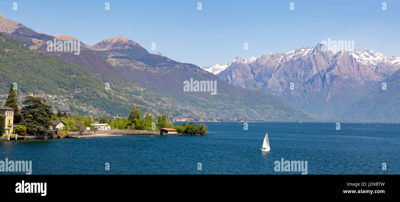 Yacht boat sailing on Lake Como near Dongo Lake Como, Italy in April ...