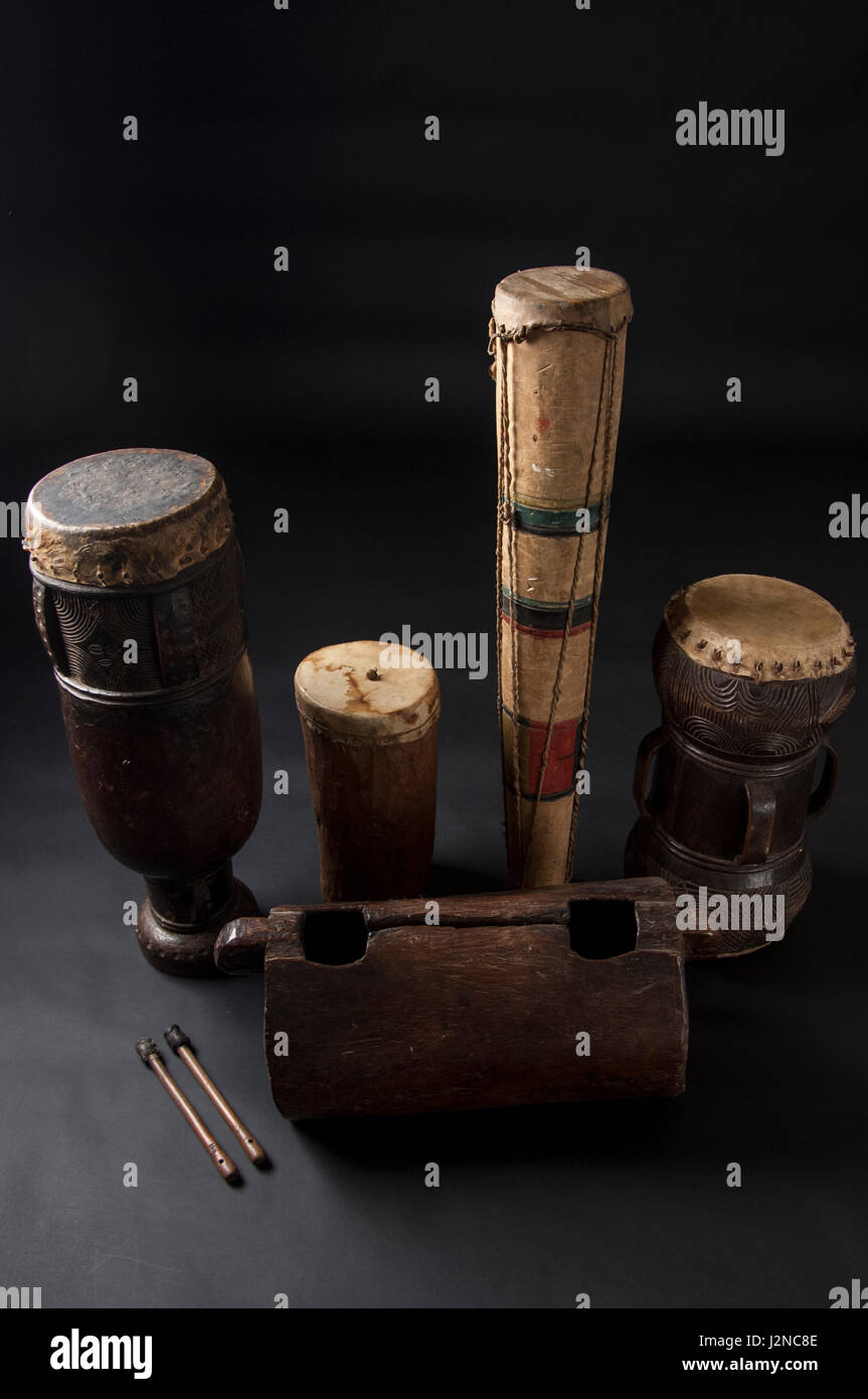 Set of african musical instruments isolated on dark background Stock ...