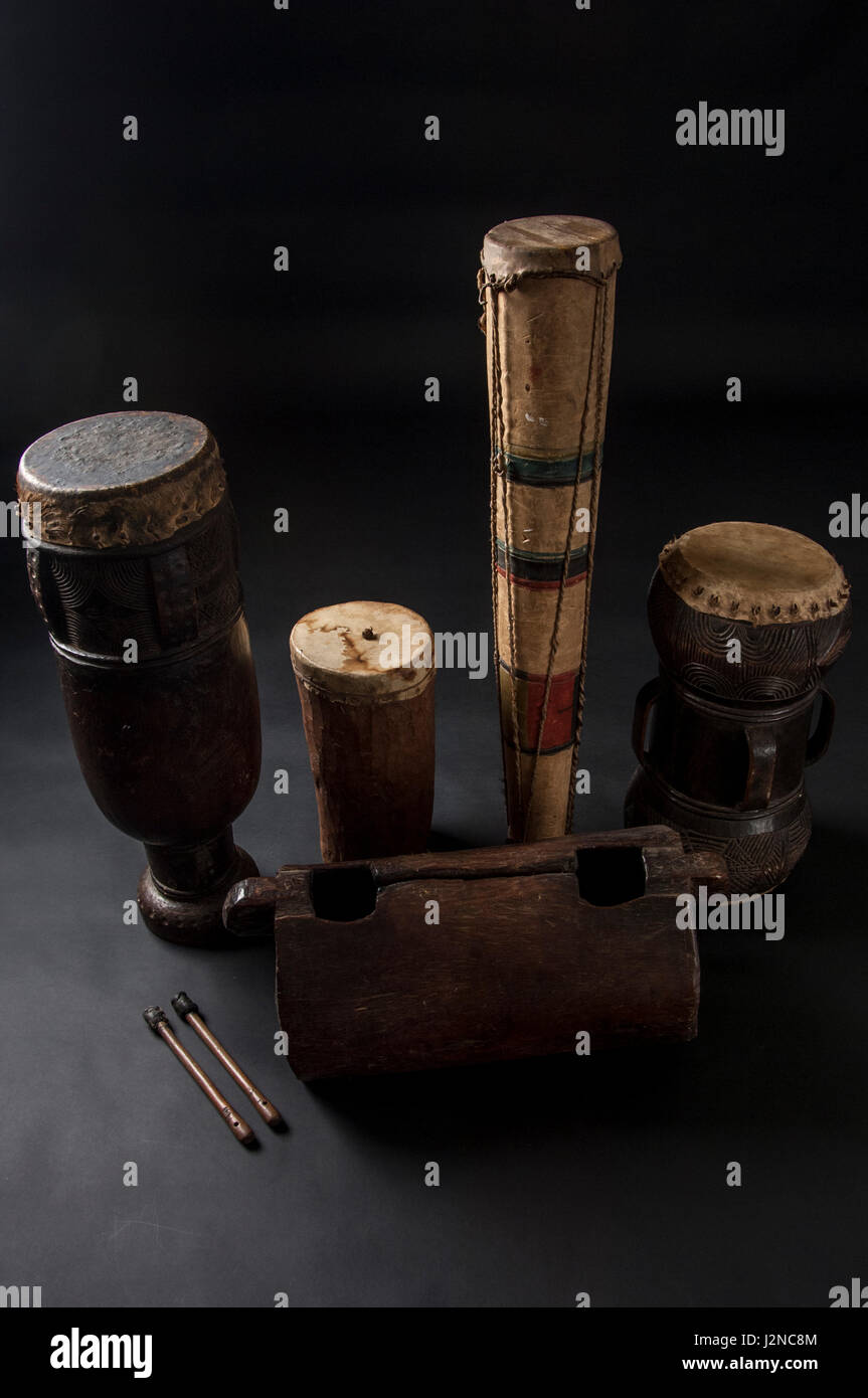 Set of african musical instruments isolated on dark background Stock ...