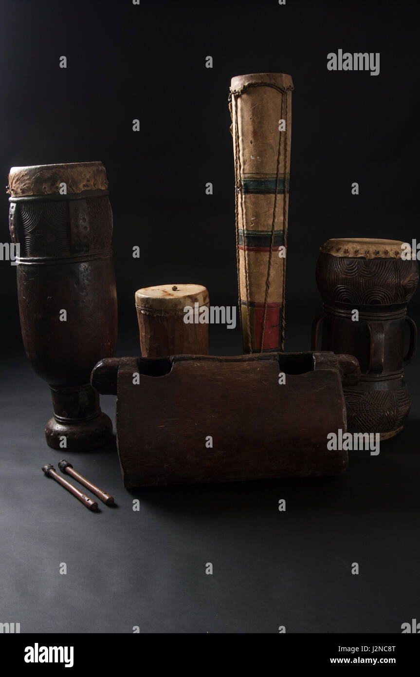 Set of african musical instruments isolated on dark background Stock ...