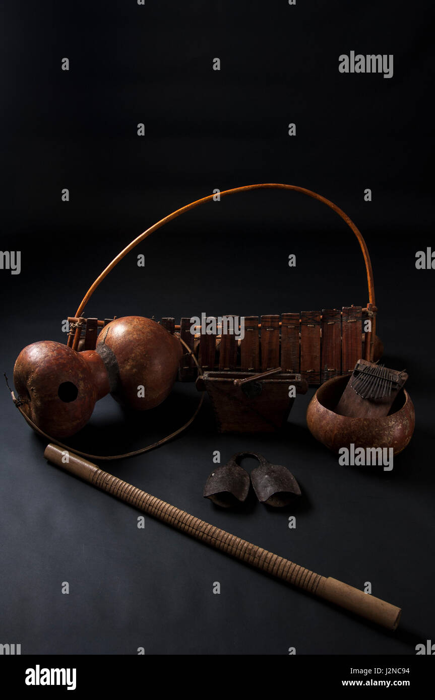 Set of african musical instruments isolated on dark background Stock ...
